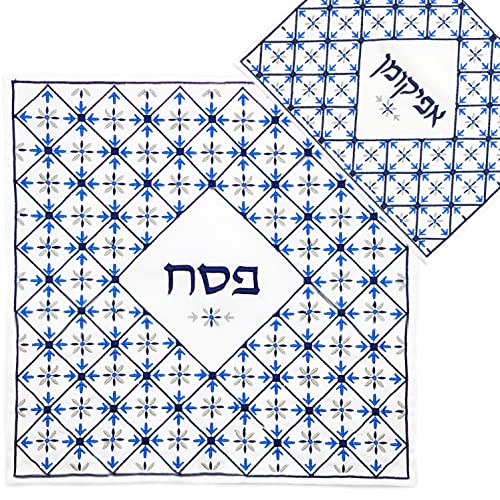Embroidered Argyle Blue Design Passover Matzah and Afikoman Bag Set fo ...